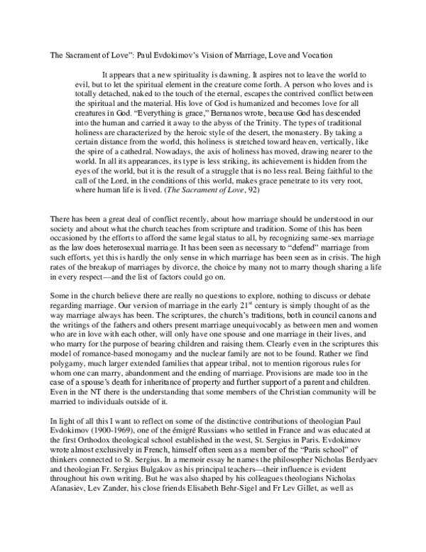 (PDF) The Sacrament of Love": Paul Evdokimov's Vision of Marriage, Love ...
