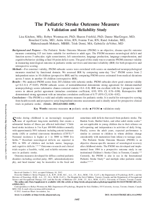 (PDF) The Pediatric Stroke Outcome Measure: A Validation and ...