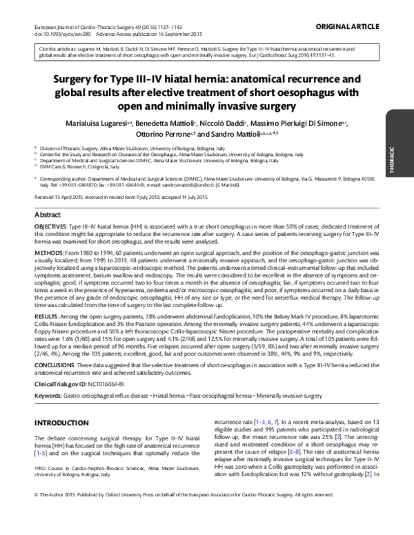 (PDF) Surgery for Type III–IV hiatal hernia: anatomical recurrence and ...