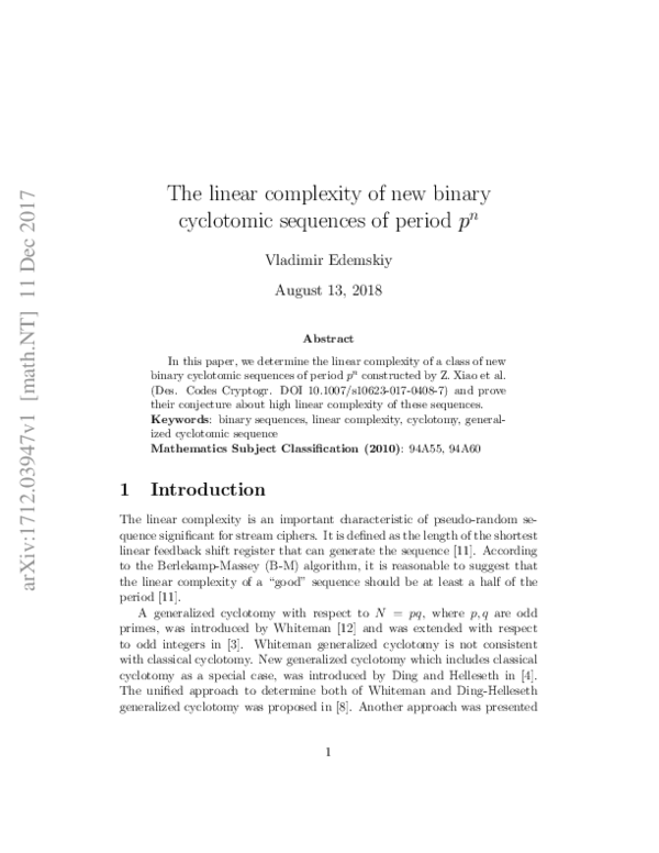 (PDF) The linear complexity of new binary cyclotomic sequences of period $p^n$