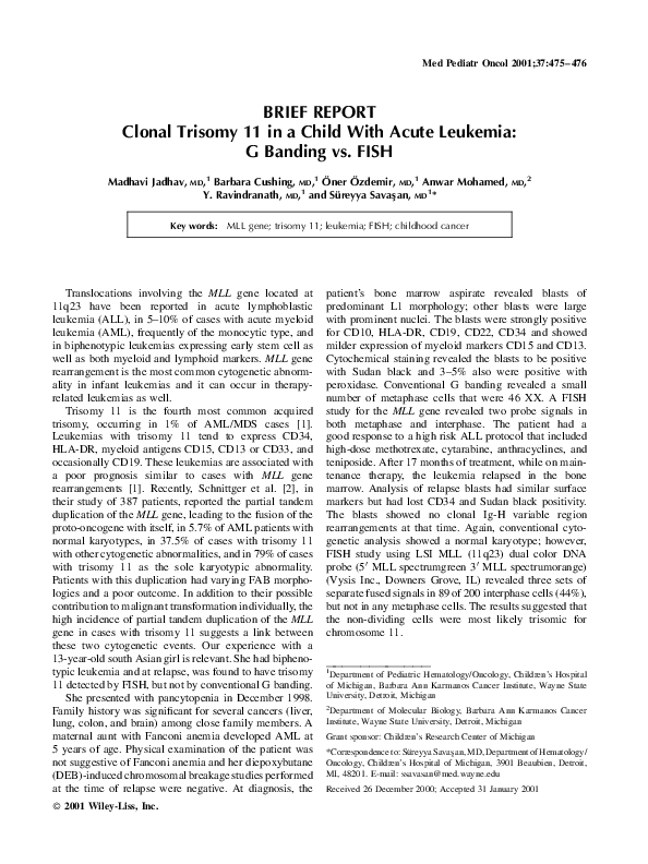 (PDF) Clonal trisomy 11 in a child with acute leukemia: G banding vs. FISH