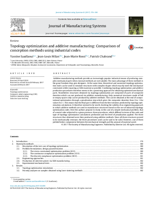 Pdf Topology Optimization And Additive Manufacturing Comparison Of Conception Methods Using