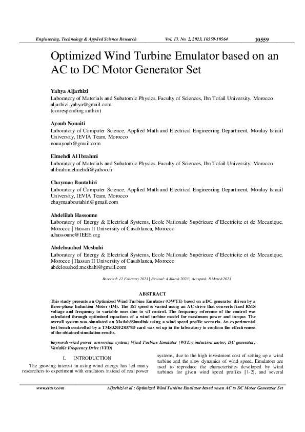 (PDF) Optimized Wind Turbine Emulator based on an AC to DC Motor Generator Set
