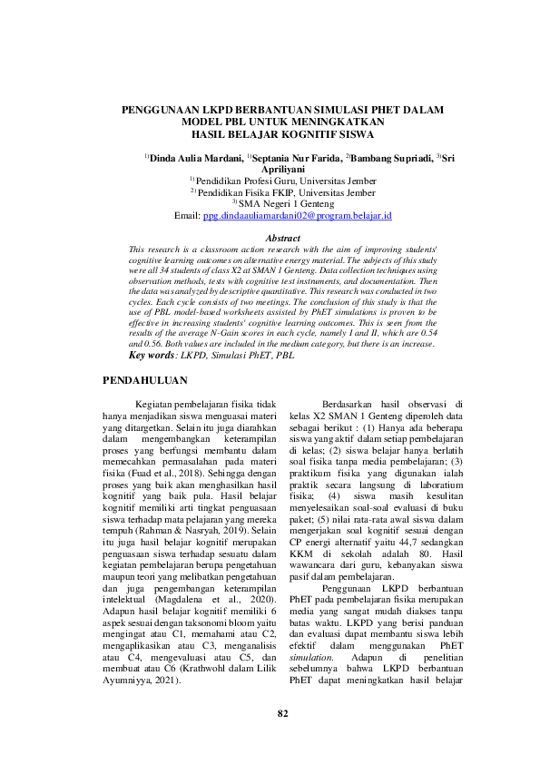 (PDF) Penggunaan LKPD Berbantuan Simulasi Phet Dalam Model PBL Untuk Meningkatkan Hasil Belajar ...