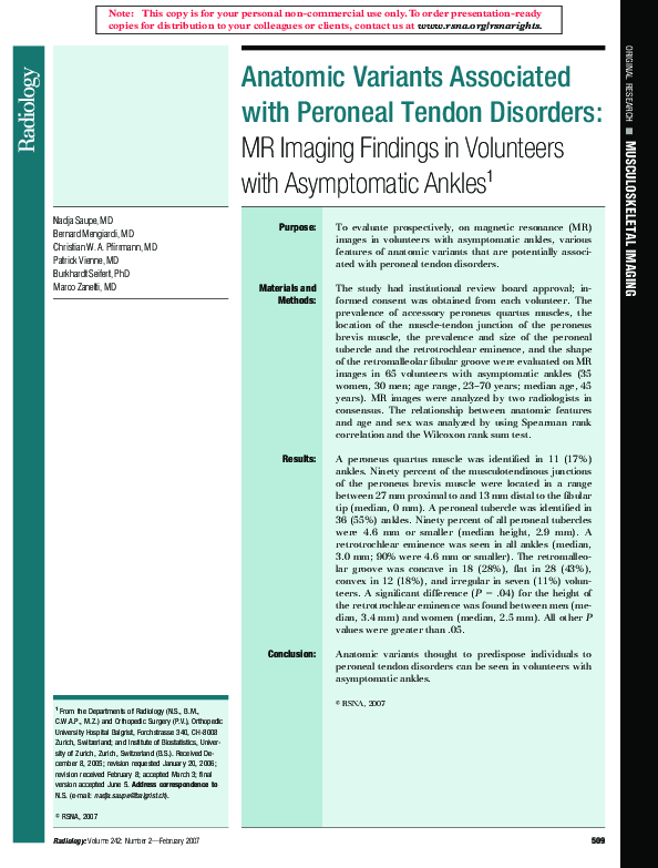 (PDF) Anatomic Variants Associated with Peroneal Tendon Disorders: MR ...