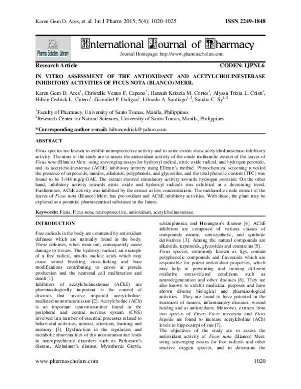 (PDF) In Vitro Assessment of the Antioxidant and Acetylcholinesterase ...