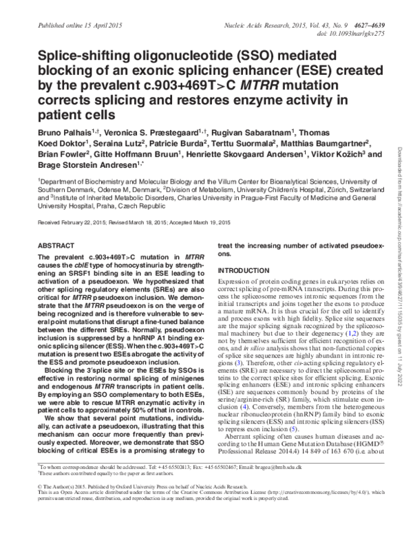 (PDF) Splice-shifting oligonucleotide (SSO) mediated blocking of an ...