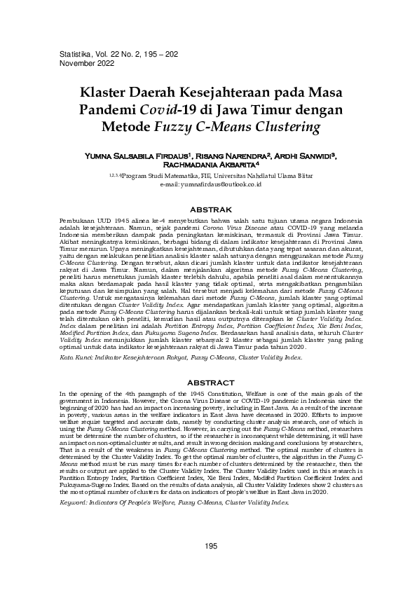 (PDF) Penentuan Jumlah Klaster Optimal Menggunakan Cluster Validity Index Pada Metode Fuzzy C ...