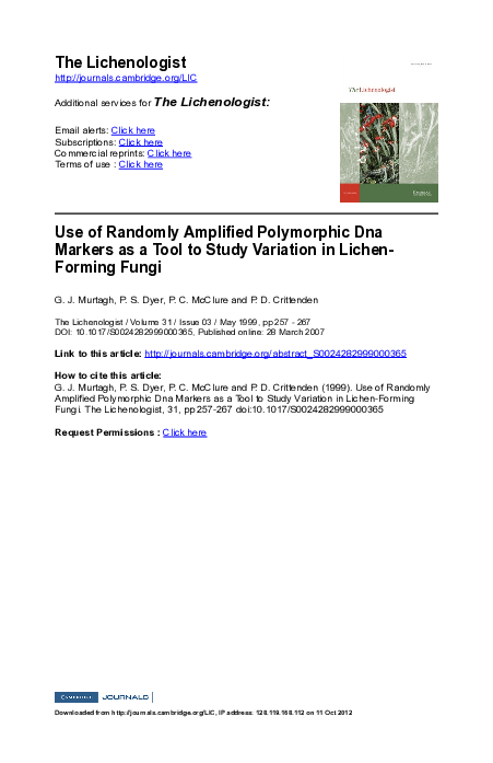 (PDF) Genetic Fingerprinting of Lichen Fungi Using RAPD