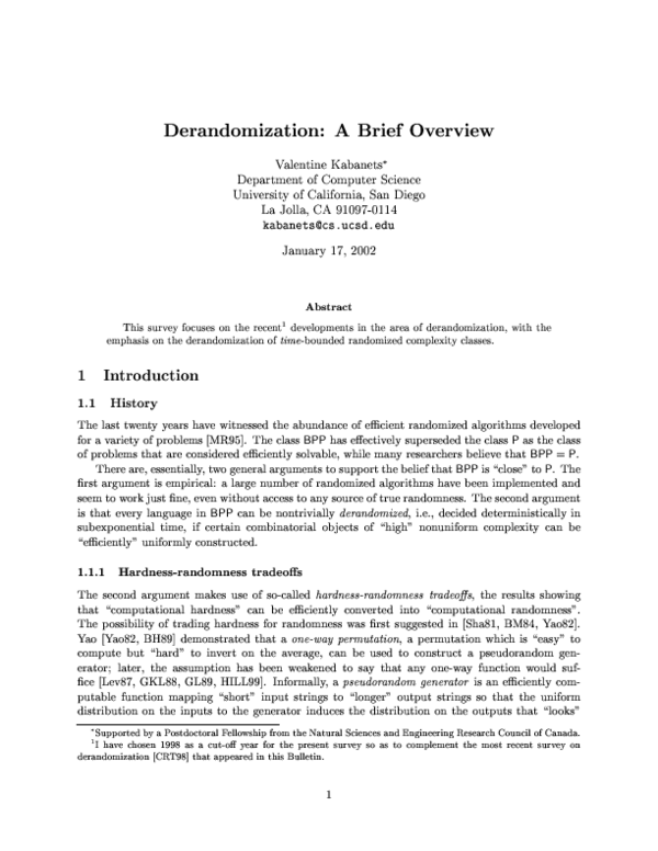 (PDF) Derandomization: A Brief Overview