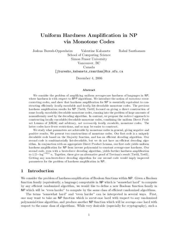 (PDF) Uniform Hardness Amplification in NP via Monotone Codes | Valentine Kabanets - Academia.edu