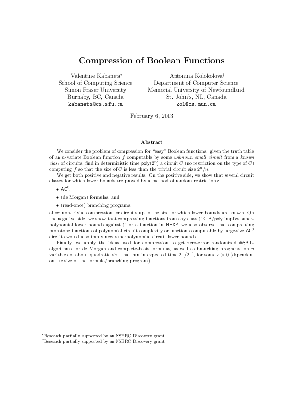 (PDF) Compression of Boolean Functions