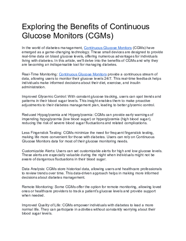 (DOC) Exploring the Benefits of Continuous Glucose Monitors (CGMs) (1)