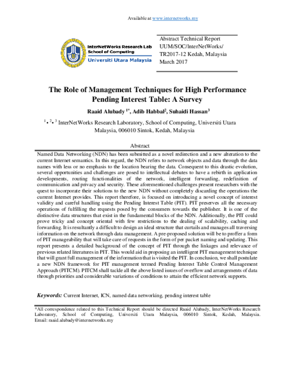 (PDF) The Role of Management Techniques for High-Performance Pending Interest Table: A Survey