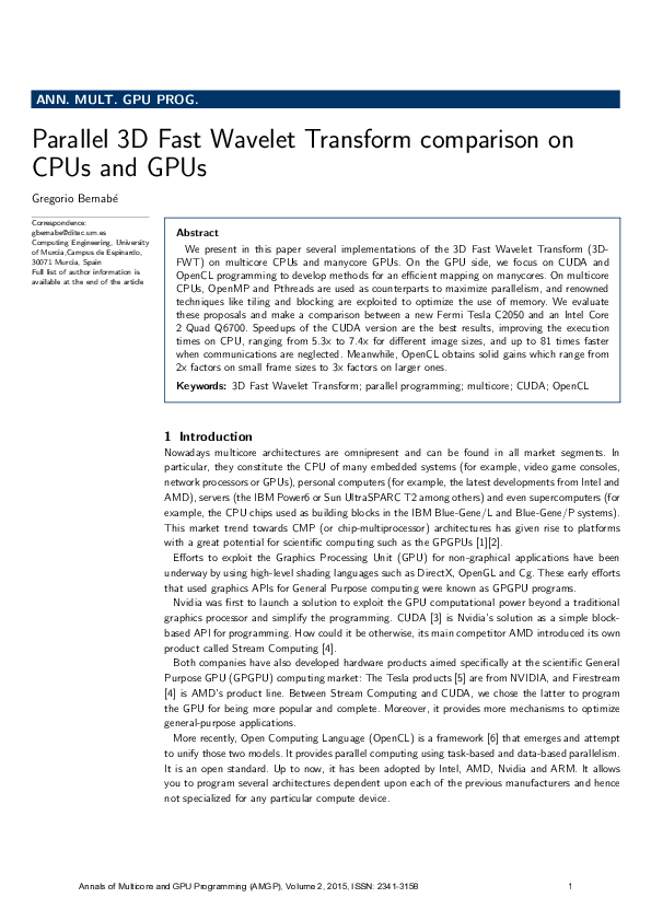 Pdf Mult Gpu Prog Parallel 3 D Fast Wavelet Transform Comparison On Cpus And Gpus