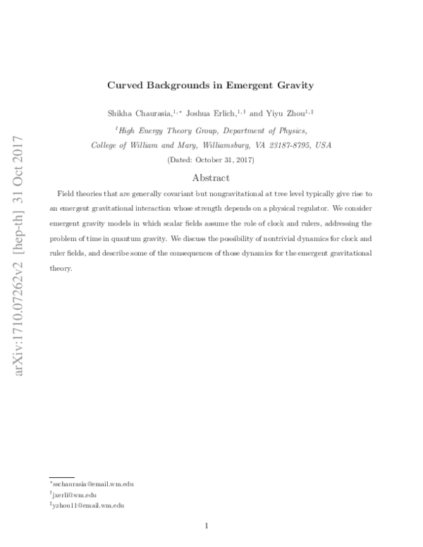 (PDF) Curved backgrounds in emergent gravity | Joshua Erlich - Academia.edu