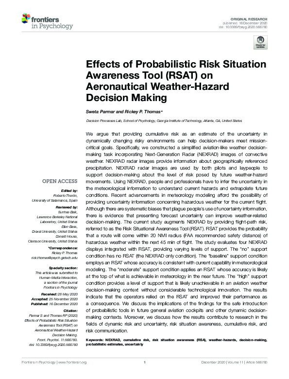 (PDF) Effects of Probabilistic Risk Situation Awareness Tool (RSAT) on Aeronautical Weather ...
