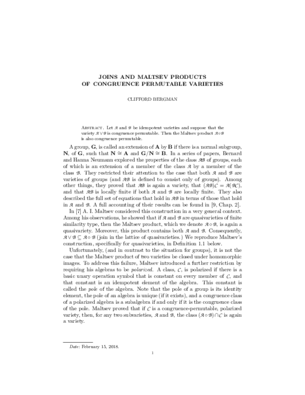 Pdf Joins And Maltsev Products Of Congruence Permutable Varieties