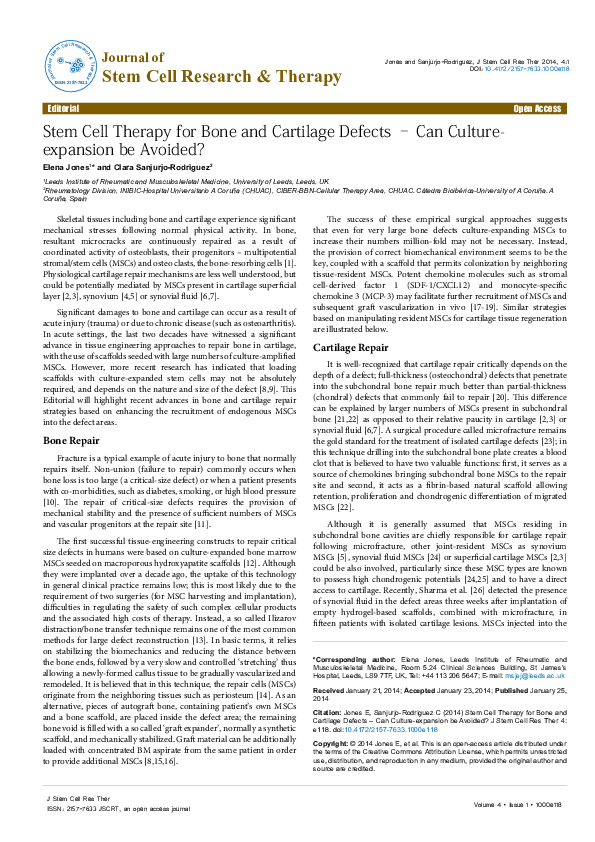 (PDF) Stem Cell Therapy for Bone and Cartilage Defects – Can Cultureexpansion be Avoided?
