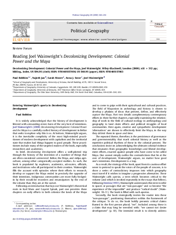 (PDF) Reading Joel Wainwright's Decolonizing Development: Colonial Power and the Maya