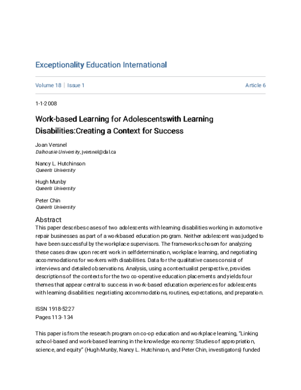 (PDF) Work-based learning for adolescents with learning disabilities: Creating a context for success