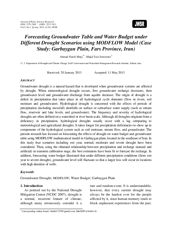 (PDF) Forecasting Groundwater Table and Water Budget under Different Drought Scenarios using ...