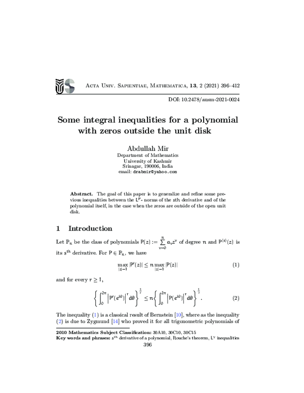(PDF) Some integral inequalities for a polynomial with zeros outside the unit disk