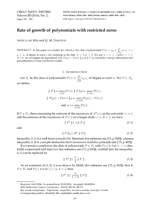(PDF) Rate of growth of polynomials with restricted zeros