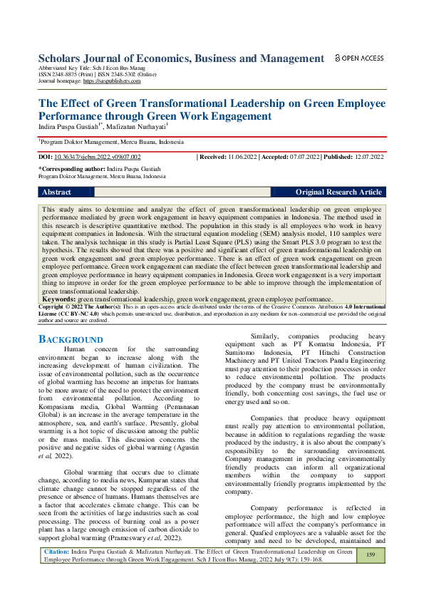 (PDF) The Effect of Green Transformational Leadership on Green Employee Performance through ...