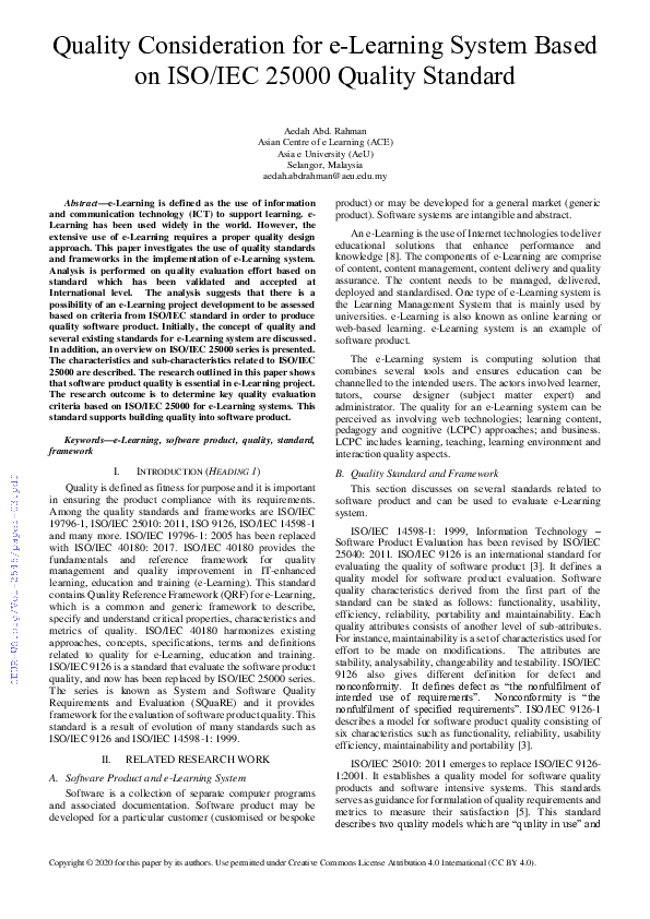 (PDF) Quality Consideration for e-Learning System Based on ISO/IEC 25000 Quality Standard
