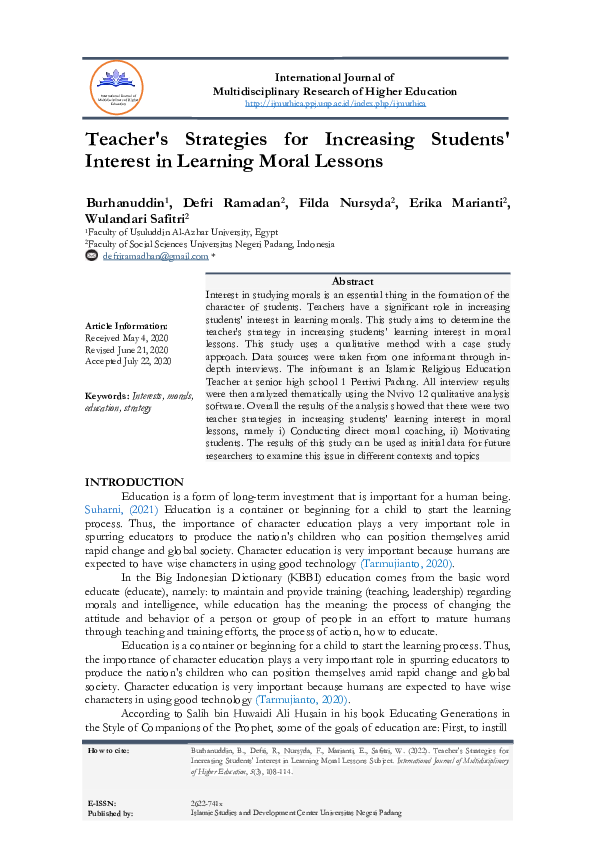 (PDF) Teacher's Strategies for Increasing Students' Interest in ...
