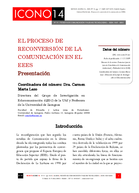 (PDF) El proceso de reconversión de la Comunicación en EEES. Presentación