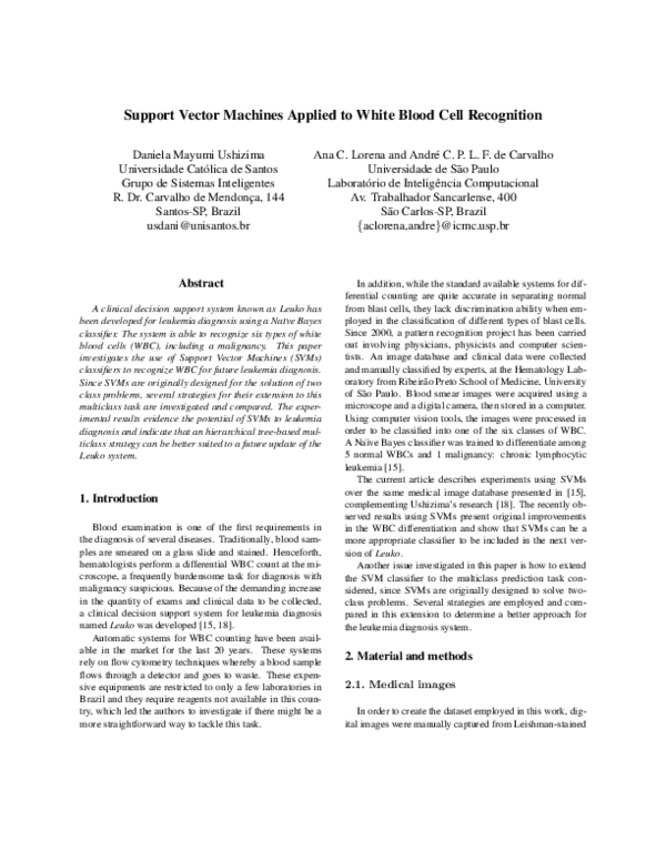 (PDF) Support vector machines applied to white blood cell recognition