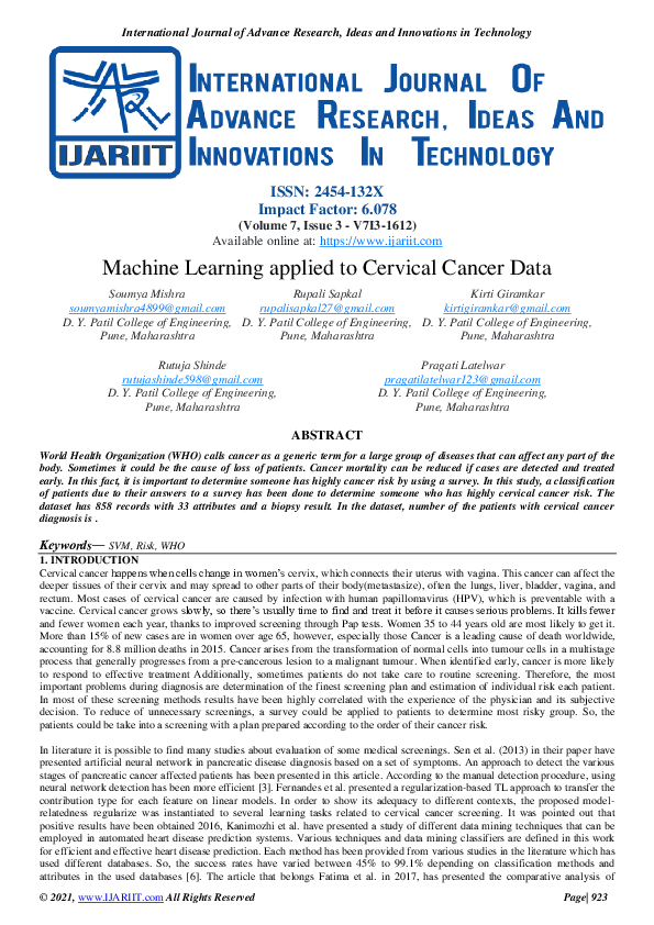 (PDF) Machine Learning Applied To Cervical Cancer Data