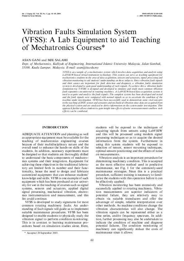 (PDF) Vibration Faults Simulation System (VFSS): a lab equipment to aid teaching of mechatronics ...