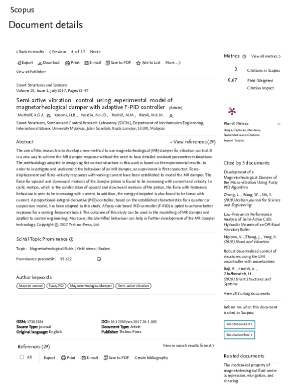 Pdf Semi Active Vibration Control Using Experimental Model Of Magnetorheological Damper With