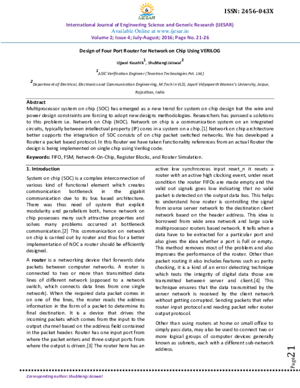 Pdf Design Of Four Port Router For Network On Chip Using Verilog