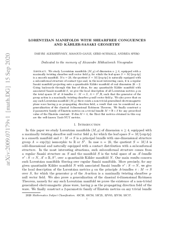 (PDF) Lorentzian manifolds with shearfree conguences and Kähler-Sasaki ...