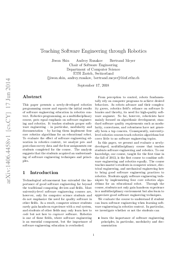 (PDF) Teaching Software Engineering through Robotics