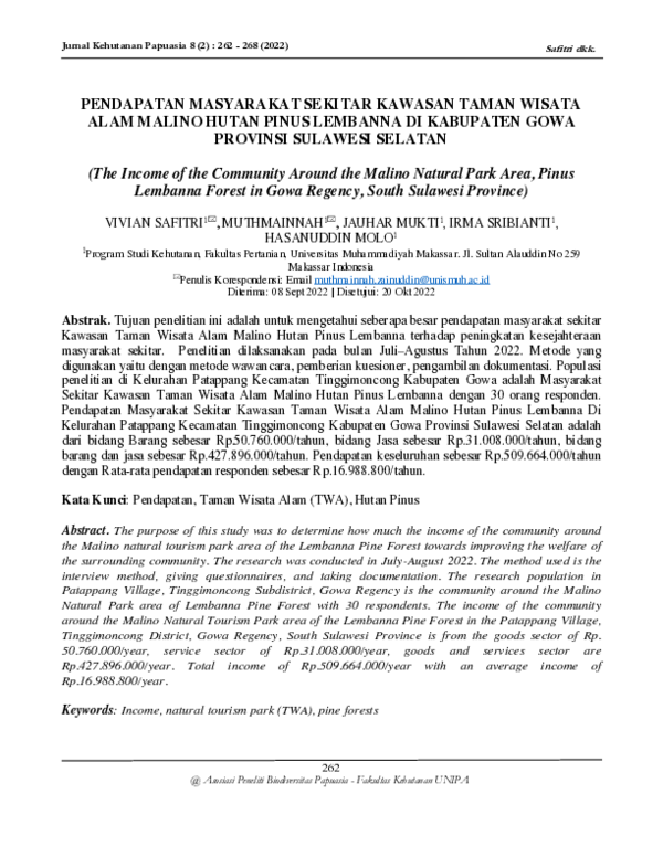 (PDF) Pendapatan Masyarakat Sekitar Kawasan Taman Wisata Alam Malino ...