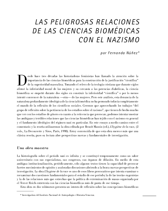 (PDF) Las peligrosas relaciones de las ciencias biomédicas con el nazismo | fernanda núñez ...