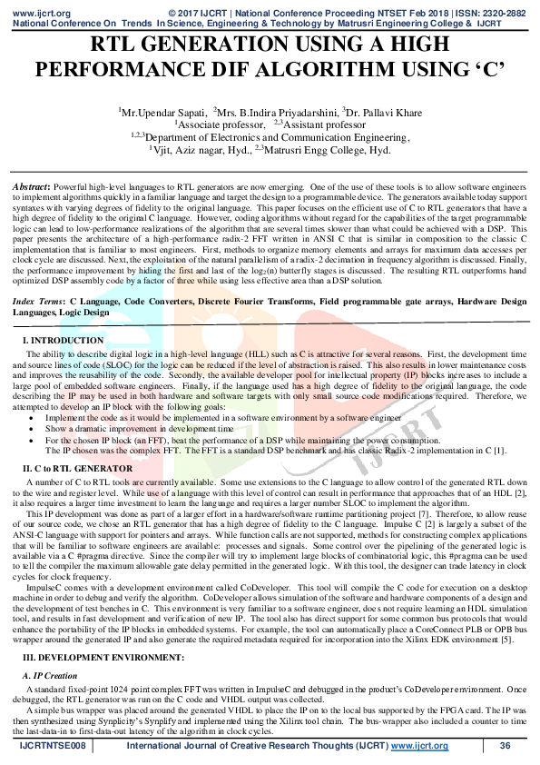 Pdf Rtl Generation Using A High Performance Dif Algorithm Using ‘c