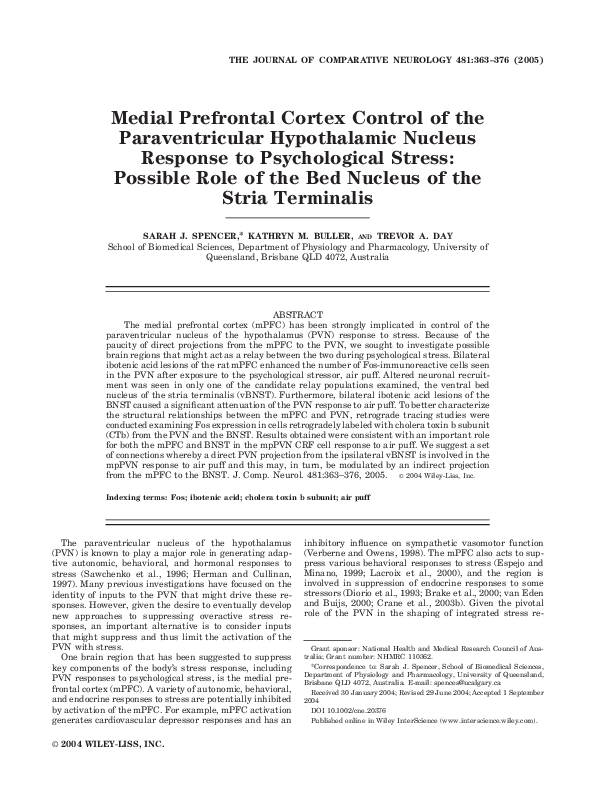 Pdf Medial Prefrontal Cortex Control Of The Paraventricular Hypothalamic Nucleus Response To
