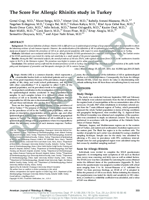 (PDF) The Score for Allergic Rhinitis Study in Turkey