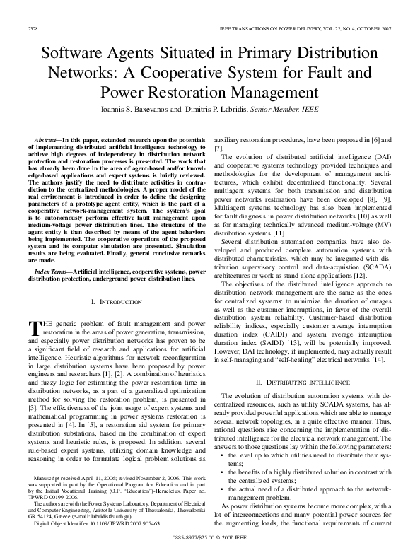(PDF) Software Agents Situated in Primary Distribution Networks: A Cooperative System for Fault ...