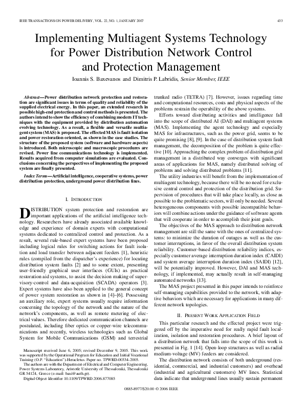(PDF) Implementing Multiagent Systems Technology for Power Distribution Network Control and ...