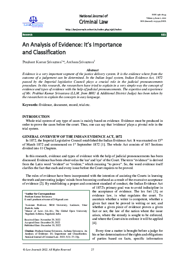 (PDF) An Analysis of Evidence: It's Importance and Classification