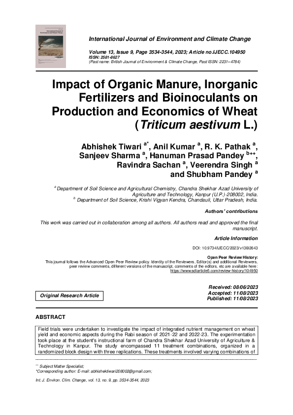 (PDF) Impact of Organic Manure, Inorganic Fertilizers and Bioinoculants on Production and ...