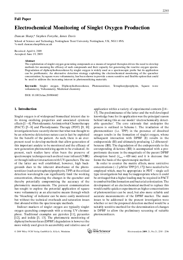 (PDF) Electrochemical Monitoring of Singlet Oxygen Production