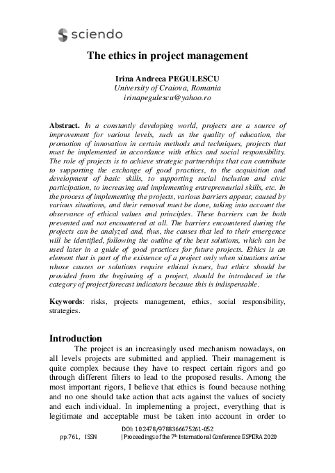 (PDF) The ethics in project management